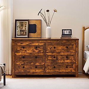 VanAcc 6 Drawers Dresser for Bedroom, Farmhouse Wood Chest of Drawers with Vintage Grain Texture, Drawer Double Dresser for Bedroom, Living Room, Hallway, Rustic Brown