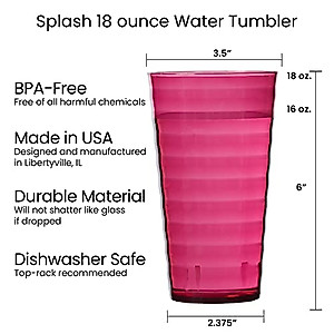 US Acrylic Splash 18 ounce Plastic Stackable Water Tumblers in 4 Assorted Colors | Value Set of 16 Drinking Cups | Reusable, BPA-free, Made in the USA, Top-rack Dishwasher Safe