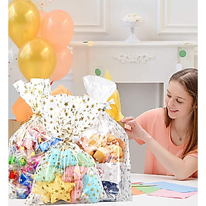 COQOFA 100 Pcs Star Printed 5"X 7" Gift Wrap Cello Cellophane Treat Bags Party Favor bags Clear Candy Cookie Bags Plastic Poly Goodie Storage Bags with Twist Ties for Bakery,Birthday, Wedding ,Party Decorations (Gold)