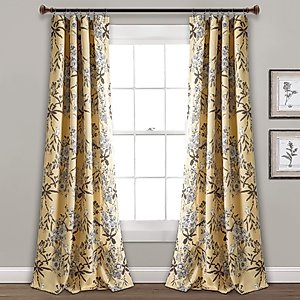 Lush Decor Botanical Garden Curtains Floral Bird Print Light Filtering Window Panel Drapes Set for Living, Dining, Bedroom (Pair), Yellow, 52"W x 95L"