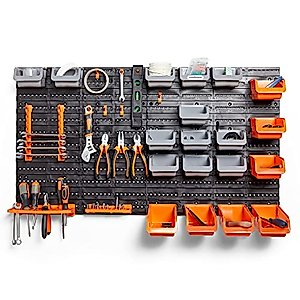 VonHaus 44 Piece Wall Mounted Pegboard Hook, Storage Bins and Panel Set - DIY Garage Storage Wall Mount System with Rack and Bin Accessories - Tool, Parts and Craft Organizer