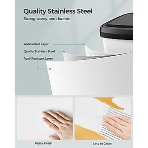 SONGMICS Kitchen Trash Can, 13 Gallon (50 L) Stainless Steel Garbage Can, with Stay-Open Lid and Step-on Pedal, Soft Closure, Tall, Large and Space-Saving, White and Black ULTB530W50