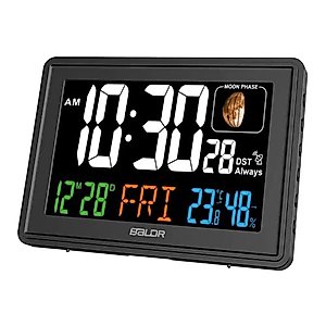 BALDR Atomic Alarm Clock - Large Color Display Digital Desk Clock - With Indoor Thermometer for Temperature & Humidity - Date & Real-Time Moon Phases - Perfect Office Clock or Nightstand Clock (Black)