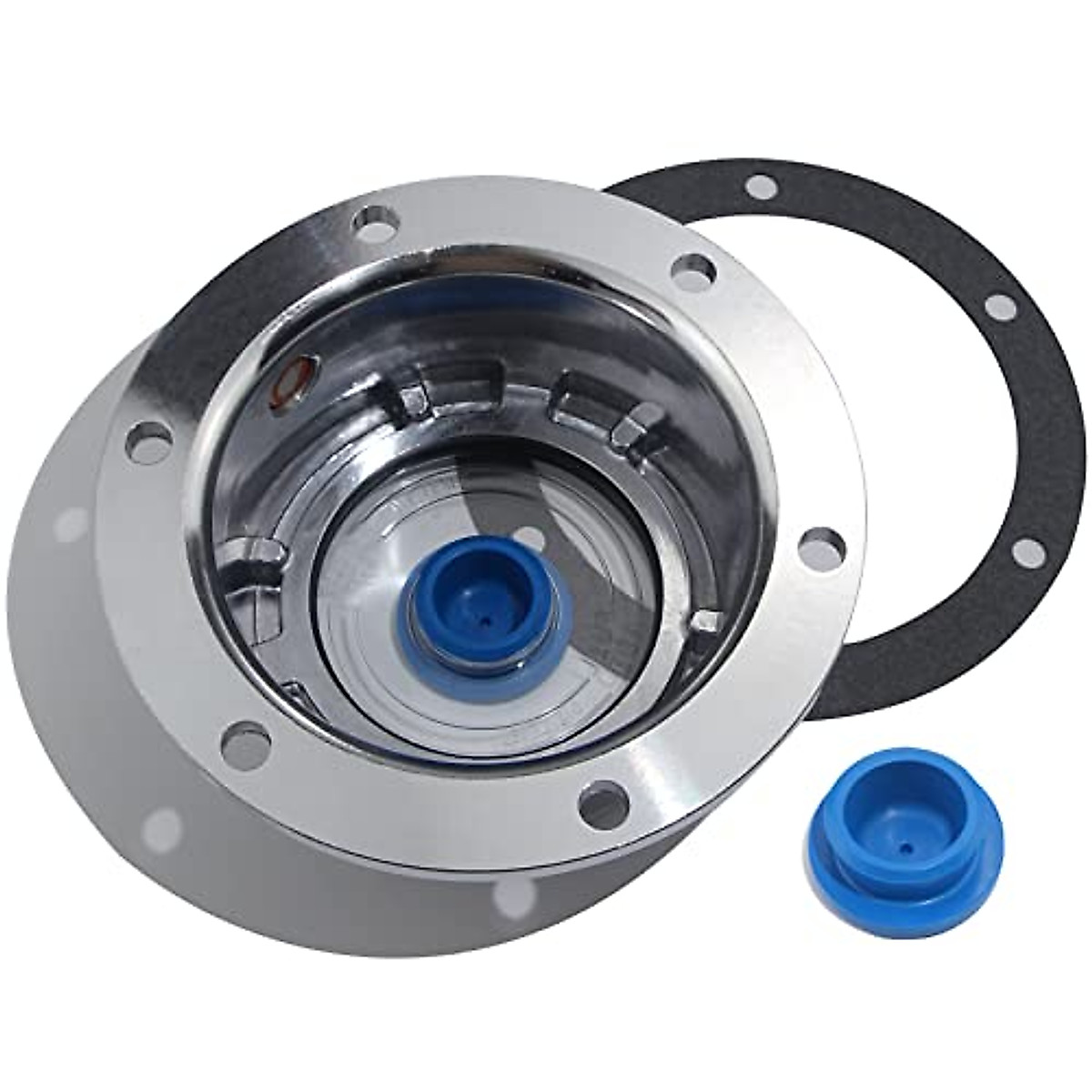 iBroPrat 4pcs 343-4009 Aluminum Hub Cap for Trailer Axle, 3434009 6 Holes Hub Caps with Side Pipe Plugs Gaskets and Extra 4pcs Blue Rubber Plugs