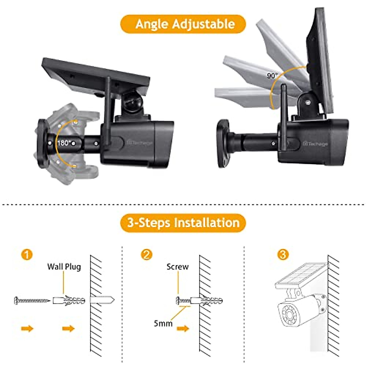 Techage SL669, Solar Battery Powered, Fake Security Camera, Dummy Cameras, Motion-Activated Floodlights, Realistic Look, Easy to Install, IP66 Waterproof, Warning Sticker Included, Pack of 2(Black)