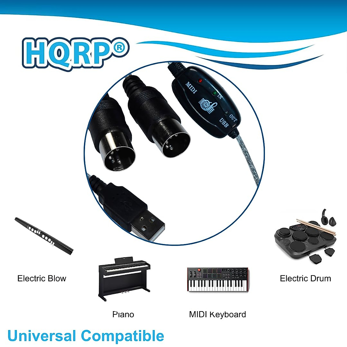 HQRP USB in-OUT MIDI Interface Cable Converter PC to Music Keyboard Adapter Cord fits Roland A-800 Pro USB MIDI Controller Keyboard