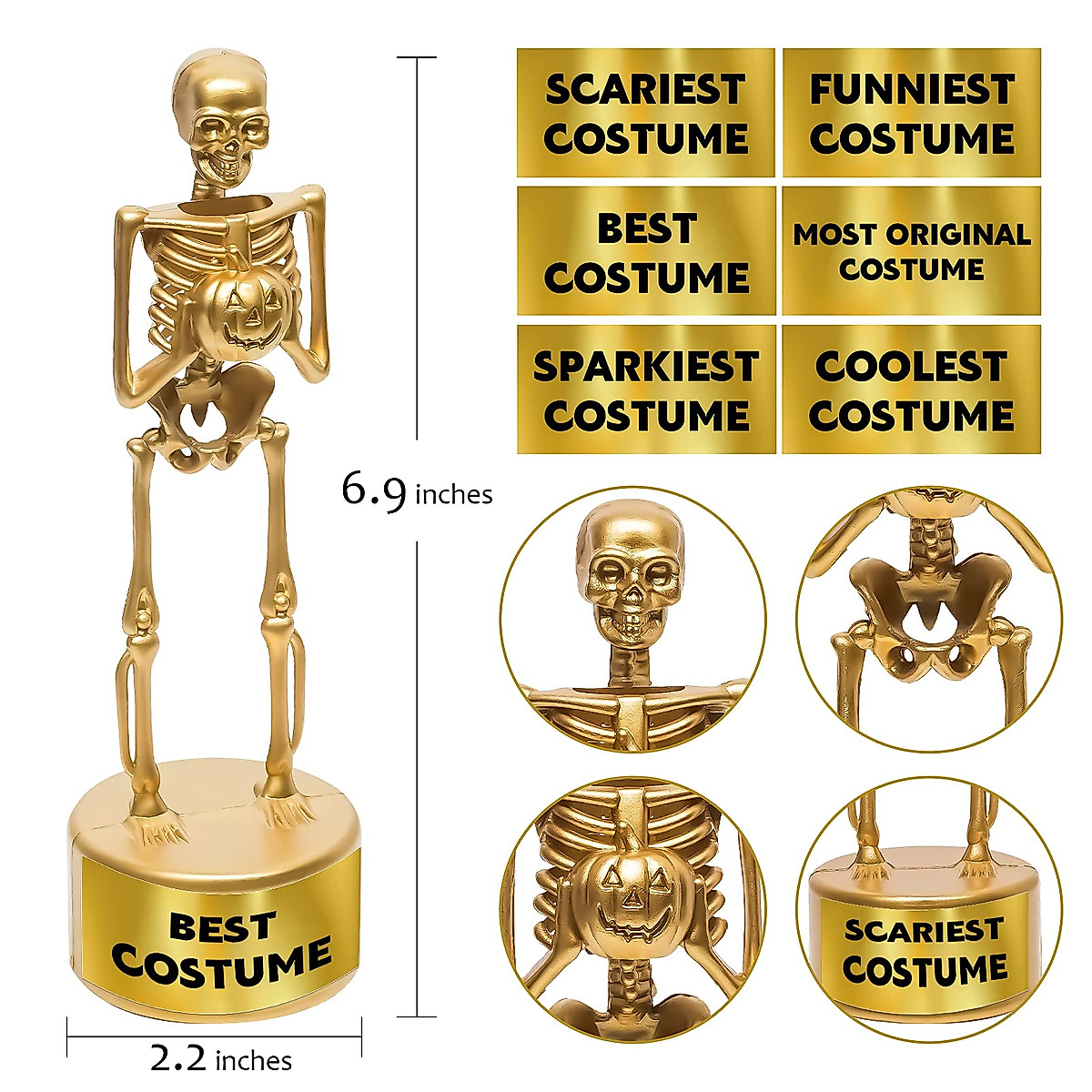 6 Halloween Best Costume Skeleton Trophy, Halloween Skull Party Favor Prizes, Halloween Party Supplies Gold Bones Game Awards, Costume Contest Event Trophy, School Classroom Rewards for Kids(A)