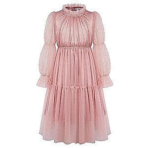 GRACE KARIN Girls Pink Dress Mesh Long Sleeve Flared Party Dresses Size 5-6 Fall Flower