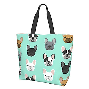 Cute French Bulldog Dog Puppy Dog Print Canvas Tote Bag Large Women Reusable Beach Bags Shoulder Bag Handbag Waterproof for Travel Grocery Shopping