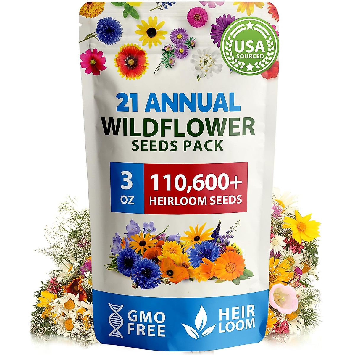 HOME GROWN 112,000+ Wildflower Seeds: Bulk Mix of 21 Varieties, Non-GMO Wild Flower Seed | Bee and Butterfly Garden Variety Pack | Annual Flowers Seeds for Planting |Native Wildflowers for Your Garden