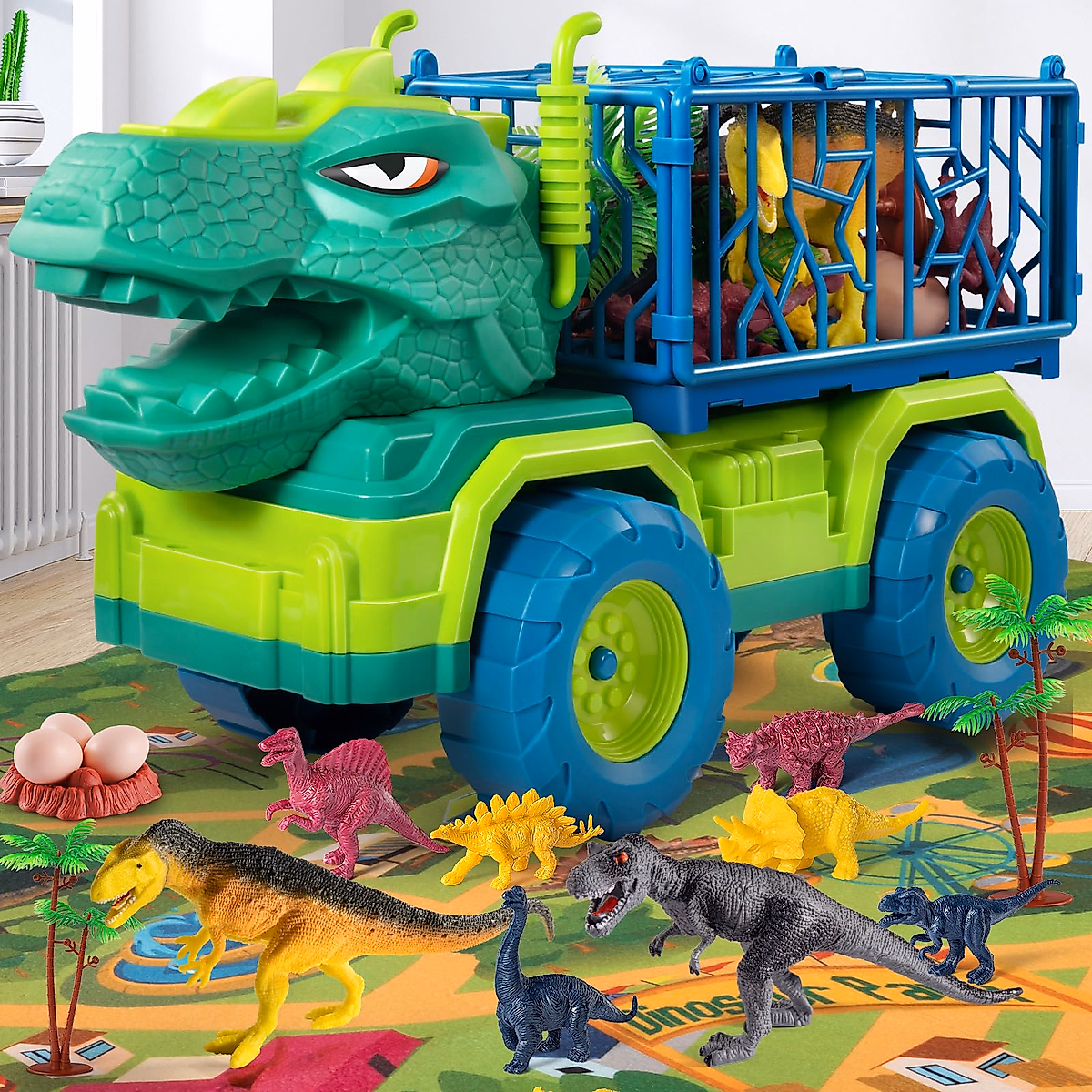 MAGICDINOSAUR Dinosaur Transport Truck for Kids 3-5, T-rex Vehicle Carrier Car Toys for Boys 3 4 5 6 7 Years Old, Truck Toy with Dino Figures & Play Mat, Gift for Toddlers Boys Girls