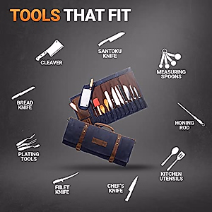 Chef Knife Roll Bag | 16oz ULTRA Wax Canvas & Top Grain Leather | 22 Slots & 4 Zipper Pouch | Double Stitch | Water-Resistant | Cleaver Pouch | Knife Organizer for Chefs and Culinary Students