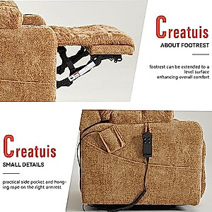 Creatuis Large Lift Recliner Chair for Elderly with Massage and Heat Lay Flat Electric Power Lift Chair LED Reading Light USB Port Cup Holders Side Pocket Plush Chenille (Light Brown)