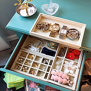 MINGRI Jewelry Organizer Trays,Earring Holder Tray Stackable Velvet Drawer Organizer Tray for Necklace,Ring,Bracelet Brooch Watch,Jewelry Storage Display Case Insert for Women Girls Set of 4 (Beige)