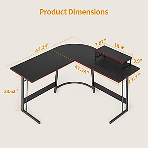BANTI L Shaped Gaming Computer Office Desk, 47" Corner Desk with Monitor Stand for Home Office Study Writing Workstation, Black Carbon Fiber