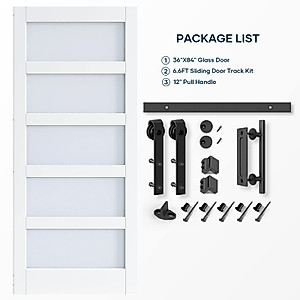 EaseLife 36in x 84in Glass Barn Door with 6.6FT Sliding Door Hardware Kit Included & Handle,Solid LVL Wood Covered with Water-Proof & Scratch-Resistant PVC Surface,DIY Assembly,5-Panel Glass,White