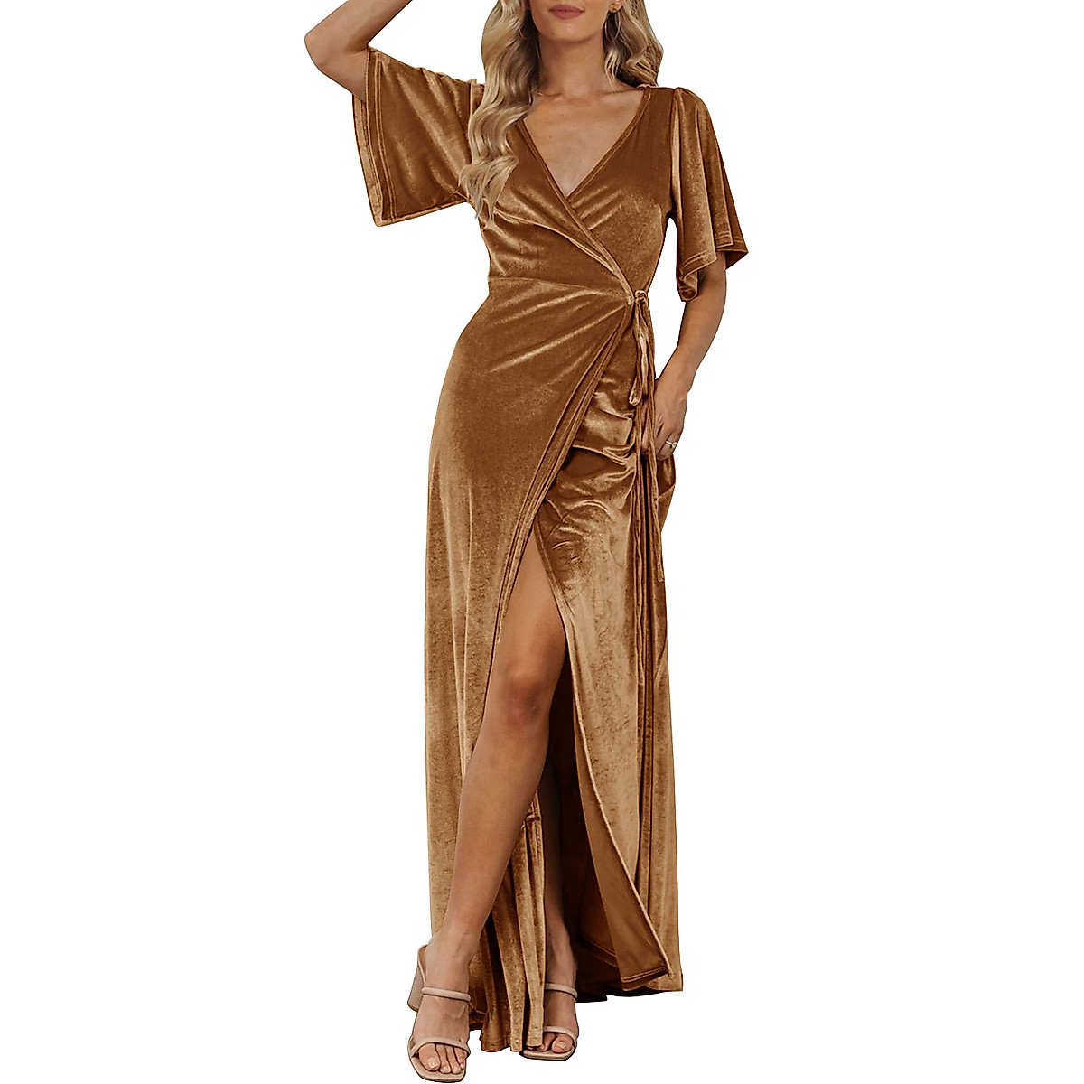 MEROKEETY Women's V Neck Wrap Velvet Maxi Dress Bell Sleeve Split Bridesmaid Cocktail Party Dresses, Golden, X-Large
