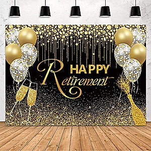 MEHOFOND Happy Retirement Backdrop Black and Gold Glitter Diamond Balloon Photography Background Black Gold Shinning Sparkle Congrats Retirement Party Decorations Banner Photo Studio Props 7x5ft