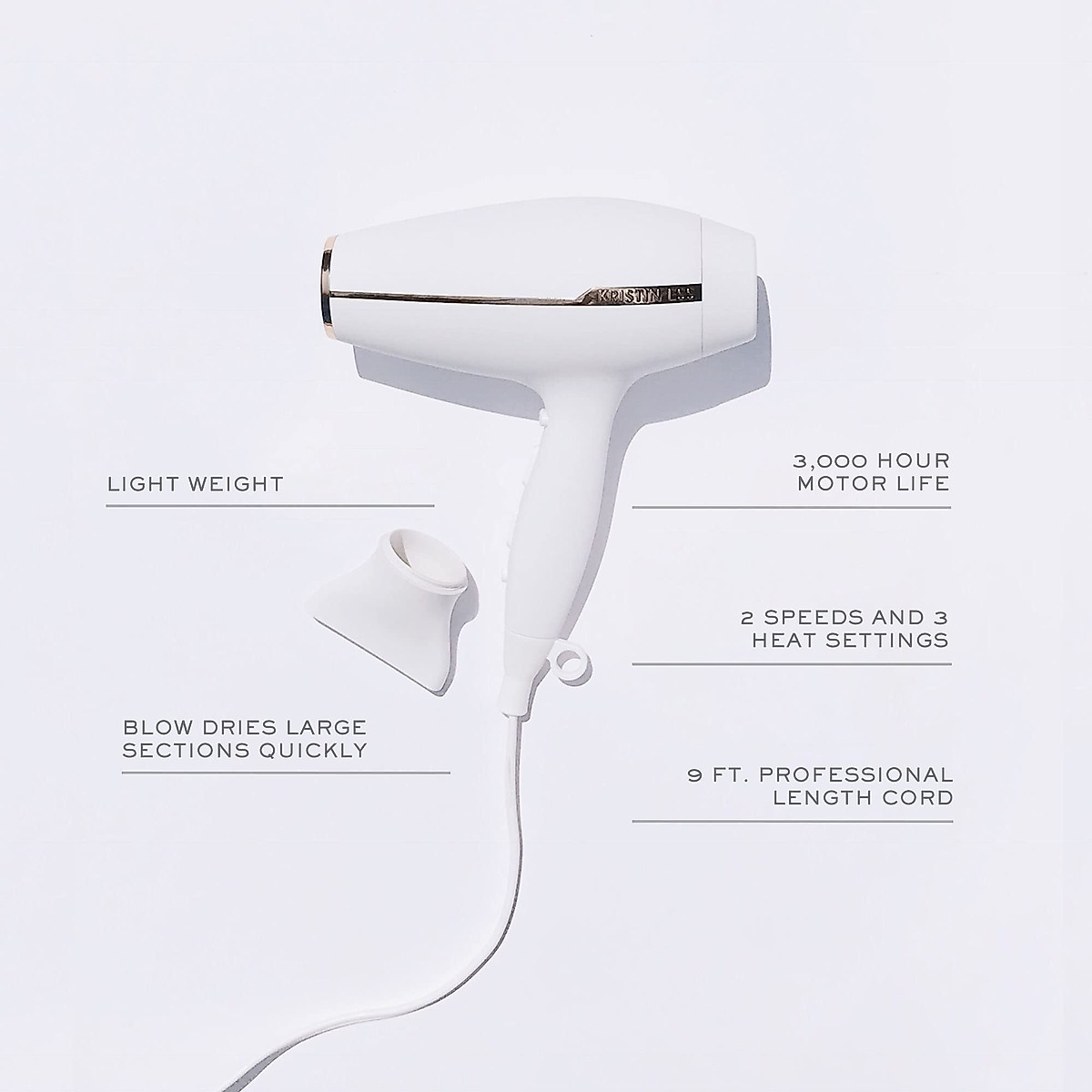 Kristin Ess Hair Iconic Professional Style Blow Dryer with Smoothing Nozzle + Diffuser - 1875W Dual Voltage Hair Dryer - Ionic Settings for Smoothing + Frizz Control - 2 Speeds + 3 Heat Settings