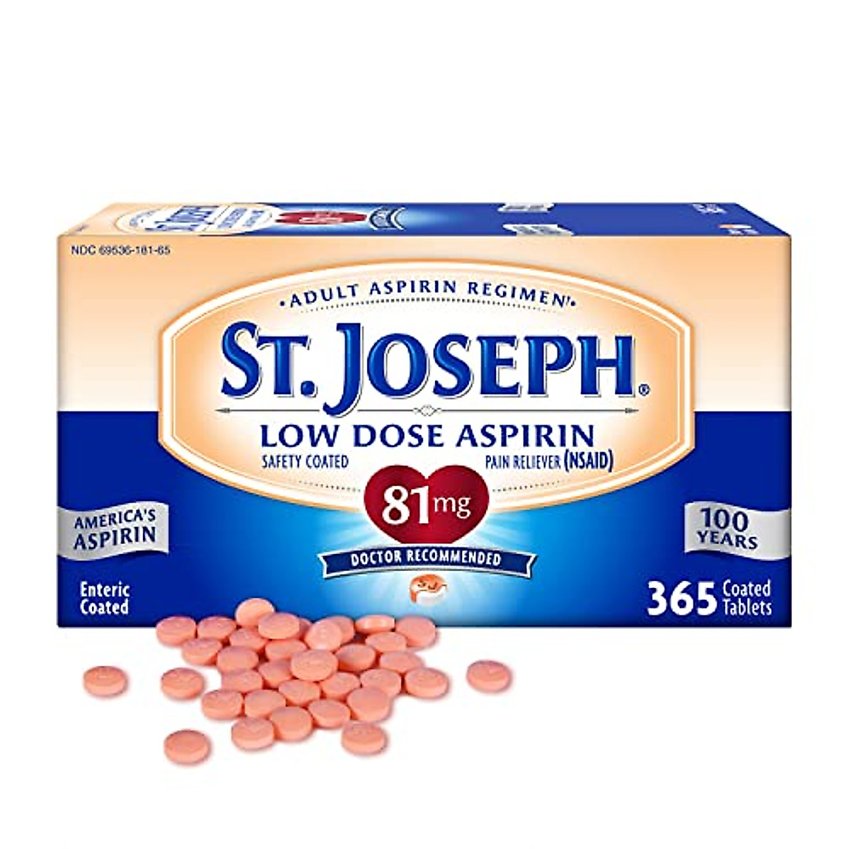 St. Joseph Aspirin Pain Reliever (NSAID) 81mg, Enteric Safety Coated, Adult Low Dose Regimen, 365 ct (1 Year Supply)