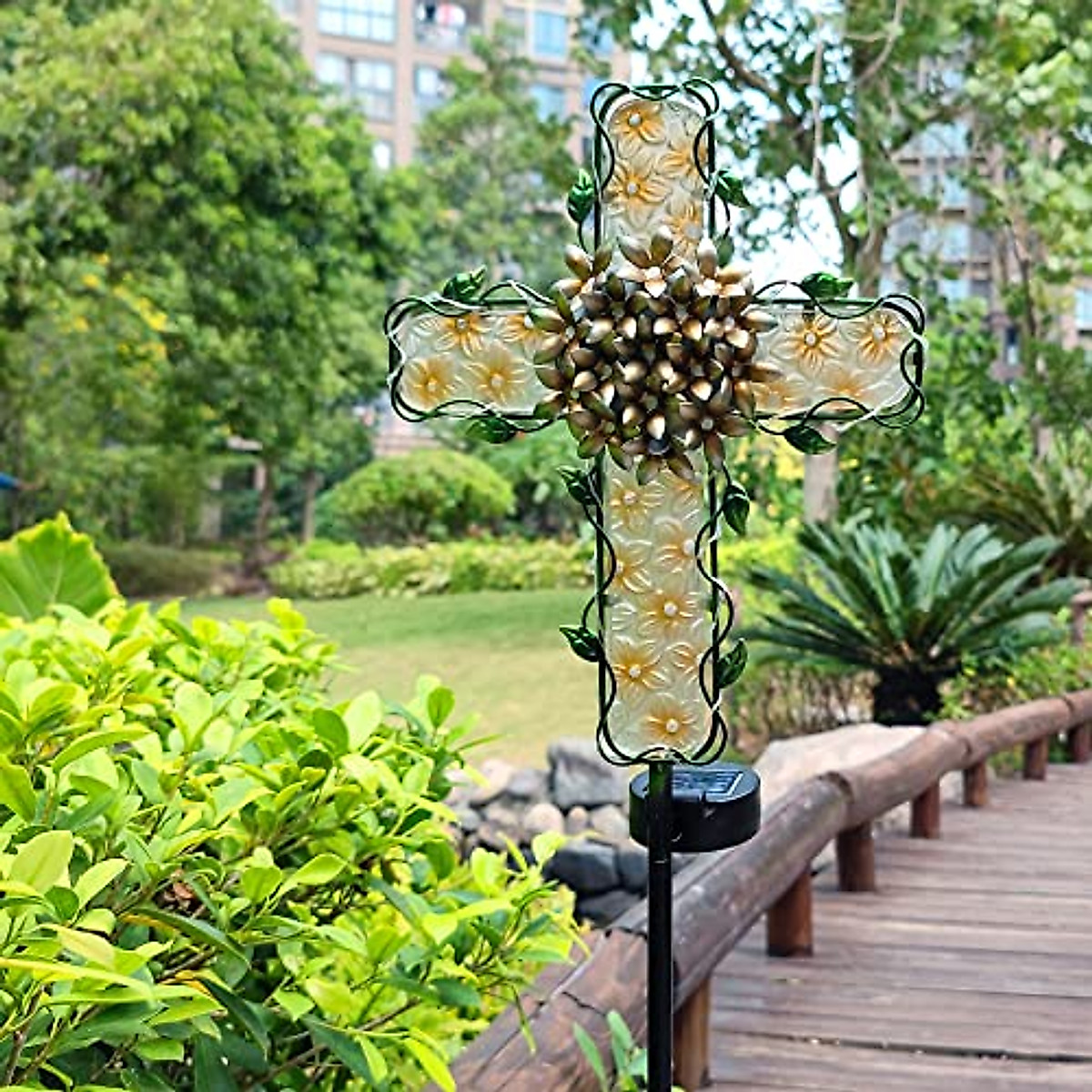 COOZZYHOUR 38inch Solar Cross Garden Lights Outdoor Decorative - Solar Metal&Glass Cross Apricot Hydrangea Flower Stake Lights- Waterproof 20 White LED for Remembrance Gifts & Sympathy Gifts