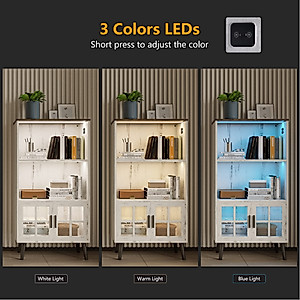 LVSOMT 3 Shelf Bookcase with LED Lights,Book Case with 2 Open Shelves, Storage Cabinet with Door, Human Body Induction Mode, Modern Wood Bookshelf for Bedroom/Living Room/Office, White