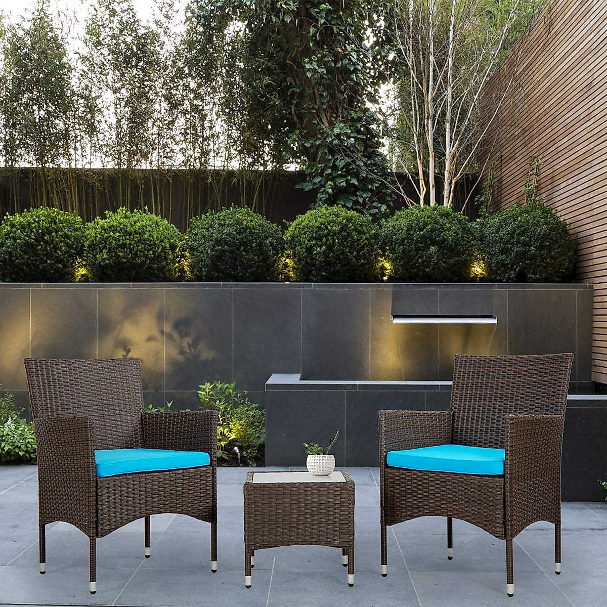 FDW Patio Furniture Sets 3 Pieces Wicker Bistro Set Outdoor Patio Set Rattan Chair Conversation Sets Patio Sofa Wicker Table Set for Yard Backyard Lawn Porch Poolside Balcony,Blue Cushion
