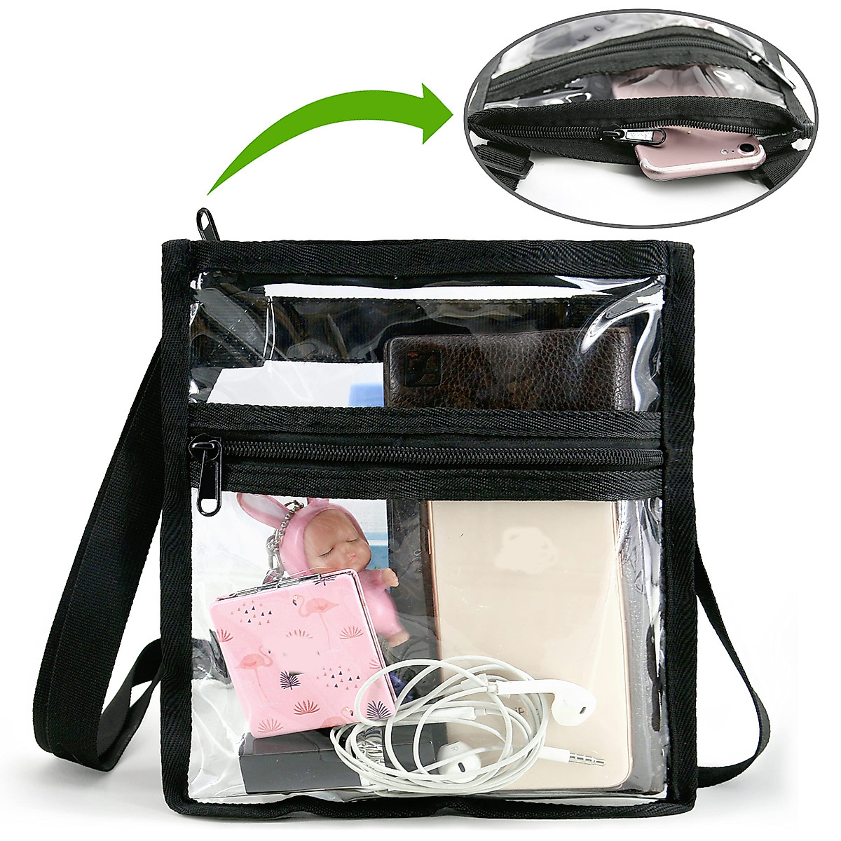 BeeGreen Black Clear Bag Stadium Approved Small Clear Purse with Extra Pocket for Women & Men,Clear Crossbody Purse for Concert, Sporting Events,Clear Messenger Bag w Long Strap for College Gift