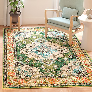 SAFAVIEH Monaco Collection Area Rug - 11' Square, Forest Green & Light Blue, Medallion Distressed Design, Non-Shedding & Easy Care, Ideal for High Traffic Areas in Living Room, Bedroom (MNC243F)