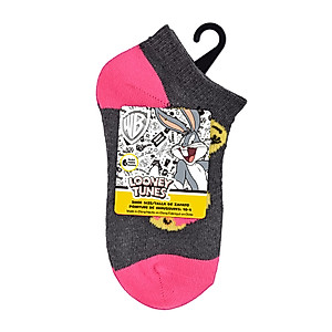 Looney Tunes Girls' 6-Pack No Show Socks, Charcoal Heather, 6/8