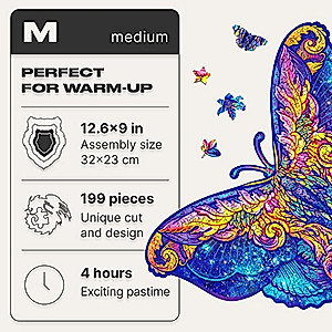 UNIDRAGON Wooden Jigsaw Puzzles - Intergalaxy Butterfly, 199 pcs, Medium 12.6"x9", Beautiful Gift Package, Unique Shape Best Gift for Adults and Kids