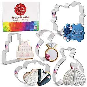 Wedding Cookie Cutters 5-Pc Set Made in the USA by Ann Clark, Square Plaque, Wedding Cake, Wedding Dress, Diamond Ring, Double Heart