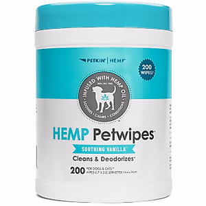 Petkin Hemp Pet Wipes for Dogs and Cats - with Hemp Oil & Soothing Vanilla Scent, 200 Count - Soothes, Calms & Conditions - Wipes for Pet's Face, Eyes and Body - for Home or Travel