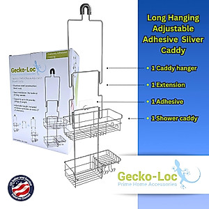 Gecko-Loc Adjustable Hanging Shower Caddy with Adhesive Storage Rack - Over Shower Head Hanger - for Shampoo, Soap, & Razors - Silver