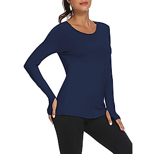 Mippo Womens Workout Athletic Yoga Long Sleeve Shirts Cute Work Out Gym Pilates Clothes Soft Lightweight Long Tunic Tops with Thumb Holes Navy Blue XL