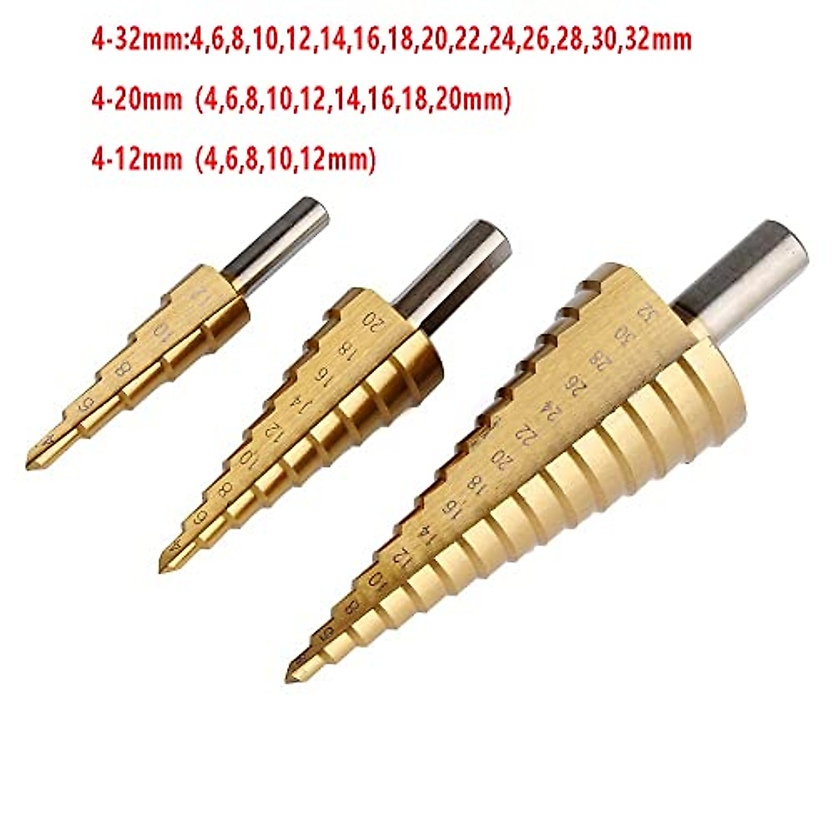 Chiloskit 3 Pcs Large HSS Steel Step Cone Drill Titanium Bit Set Step Drills Set for Metal Wood Drilling Hole Cutter, 4-12/20/32mm Dint