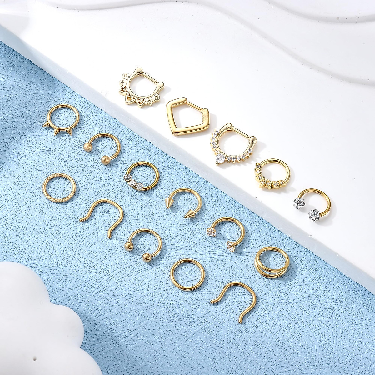 Besteel Hypoallergenic Gold Septum Rings 16G 8mm Surgical Steel Clicker Nose Rings Hoops Set Small Lip Cartilage Helix Daith Piercing Jewelry for Women Men 16 Pcs