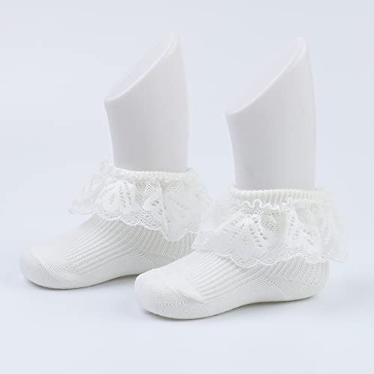 VINIKNIKA 6 Pairs Baby Girls Socks Newborn Ruffle Lace Socks Princess Frilly Knit Cotton Socks with Bows for Infant Toddler Kids (White 6 Pairs Set 6, 6_months)