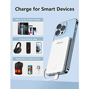 miisso 6000mah Card Size Built in Cables Power Bank, Built in USB C Cords Battery Pack Travel Charger Portable Charger for Phones, 4 Output Ultra Slim Battery Pack Compatible with iPhone, White