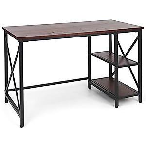 Displays2go Industrial-Style Desk, Two Shelves, Steel X Sides - Dark Wood Tone (FDXDESKBRN)