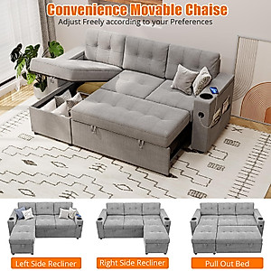 Sofa Bed- 2 in 1 Pull Out Couch Bed with Storage Space and Arms,Sleeper Sofa with Pull Out Bed,L-Shaped Sofa Couch Bed,1 USB-A, 1 Type-C,Pull Out Couch for Living Room ,Linen Sectional Sofa,Grey
