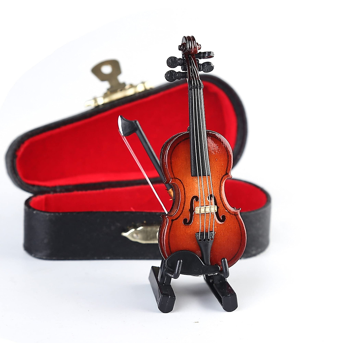 Dselvgvu Wooden Miniature Violin with Stand, Bow and Case Mini Musical Instrument Violin Replica Collectible Figurines Dollhouse Accessories Model Home Decoration Display Ornament (3.15"x1.18"x0.59")