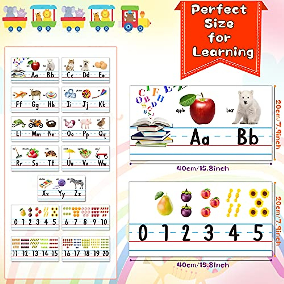 Cholemy Alphabet and Numbers Bulletin Board Strips Set Alphabet Number Wall Classroom Decoration Animal ABC Number 1-20 Line Wall Poster with Adhesive Dots for Playroom Bedroom Nursery Room Decoration