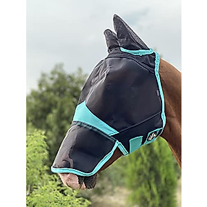 TGW RIDING Horse Mask Full Face Mesh Mask Fine Mesh with Ears and Long Nose (Cob, Black/Turquoise)