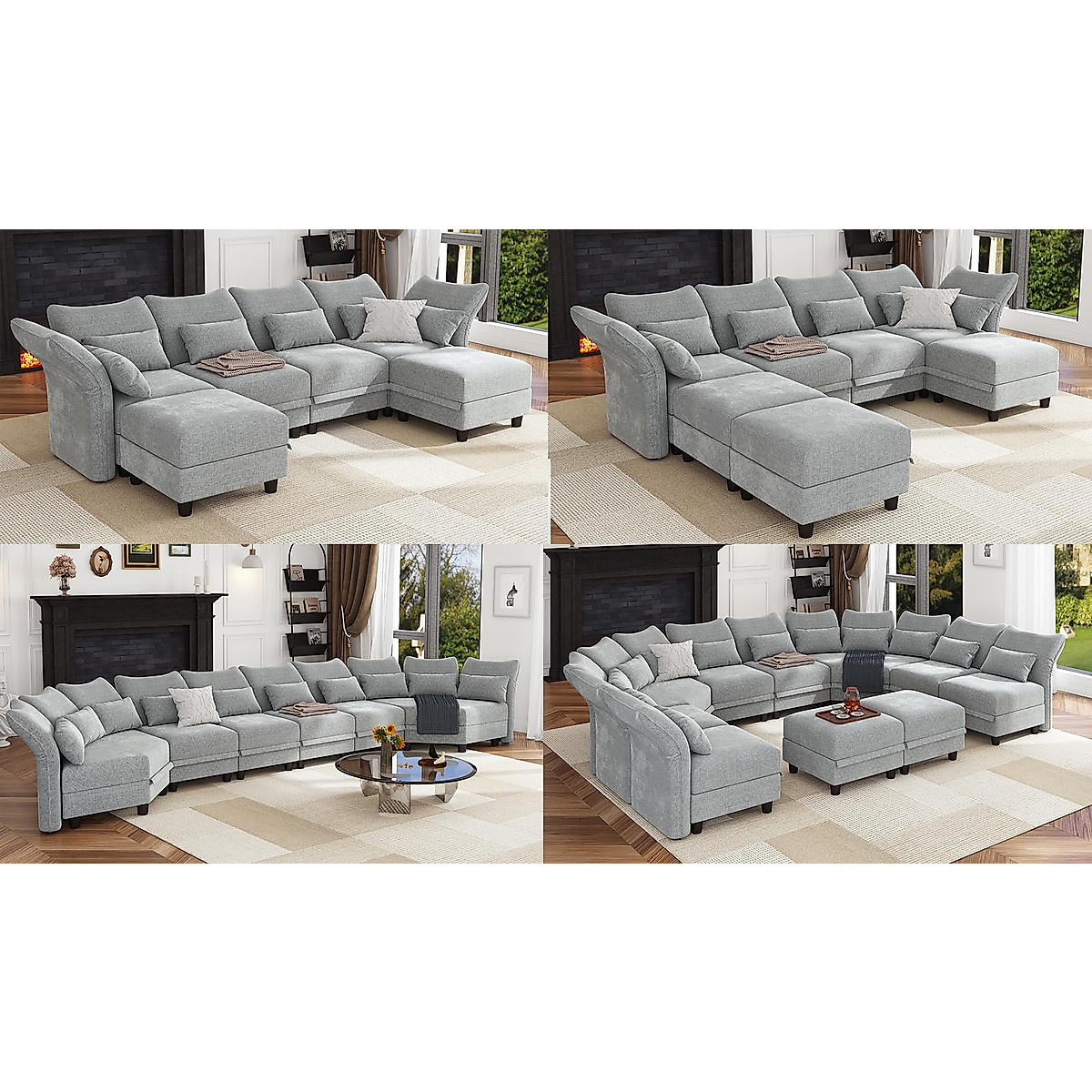LLappuil U Shaped Oversized Sectional Sofa 167" Wide with 4 Diamond Ottomans, Chenille Modular Couches Sleeper Sofa with Storage and Adjustable Armrest for Living Room, Office, Entertainment, Grey