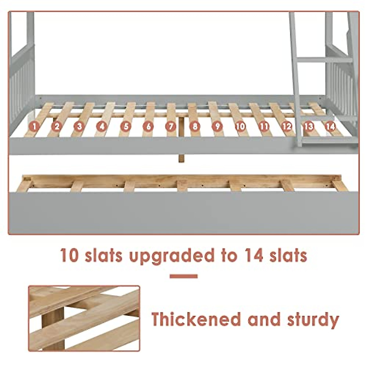 Unovivy Twin Over Full Bunk Bed with Trundle, Bunk Beds Twin Over Full Size with Guardrails and Ladder, Suitable for Kids, Teens, No Box Spring Needed, Gray