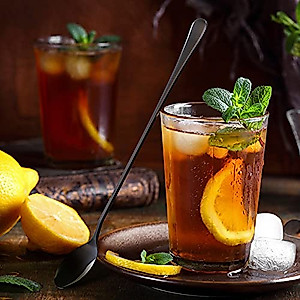 GLAMFIELDS Black 9.5 Inch Long Handle Iced Tea Spoons, Coffee Spoons, Ice Cream Spoon, Stainless Steel Cocktail Stirring Spoons, Set of 4