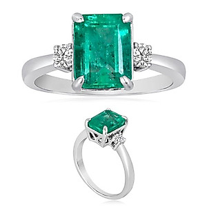 Vogati 0.20 Cts Diamond & 2.62 Cts Emerald-Cut Natural Emerald Three Stone Ring in Platinum-6.0