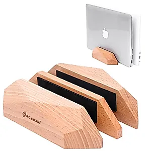 SINORHEMA Vertical Laptop Stand 2 Slots for Computer Desk Monitor Stand Double MacBook Holder and Dock Compatible with All MacBook Pro Air iPad Surfaces Beech