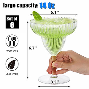 Cididu Set of 6 Stemmed Margarita Glasses Cups, 14 oz Clear Acrylic Party Drinking Glasses Goblet, Reusable Ribbed Tequila Spicy Margarita Glassware, Cocktail Martini Bar Accessories